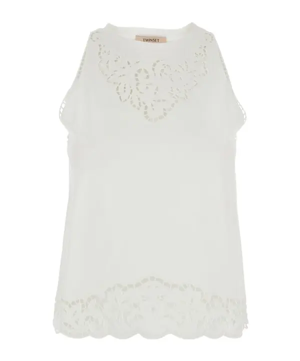 TWINSET Inlaid Embroidered Round Neck Top - White