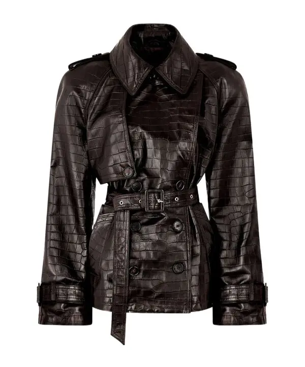 Attico Belted Crocodile-patterned Bomber Jacket - Dark Brown