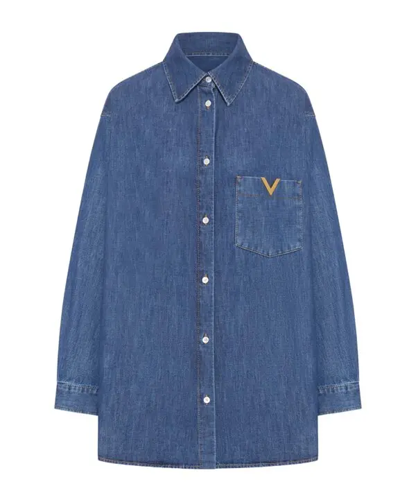 Valentino Garavani Logo Plaque Denim Button-up Shirt - Blue