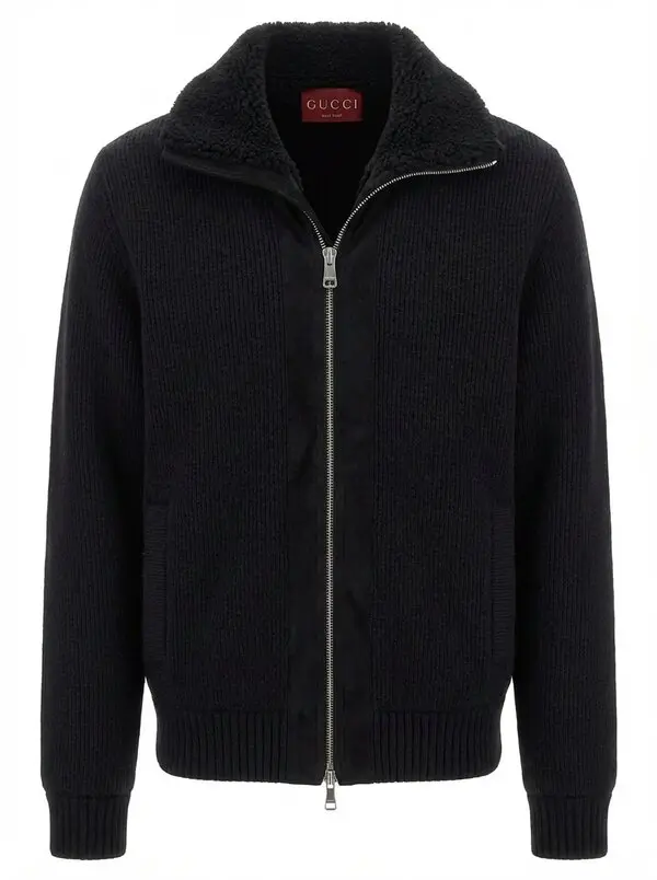 Gucci Woven Stitch Knit Wool Cardigan - Black