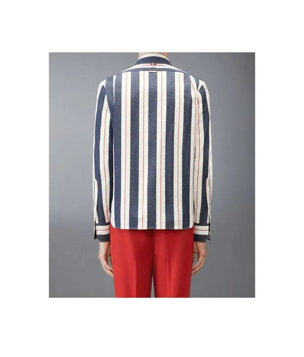 Thom Browne Rounded Collar Striped Zipped Shirt - White