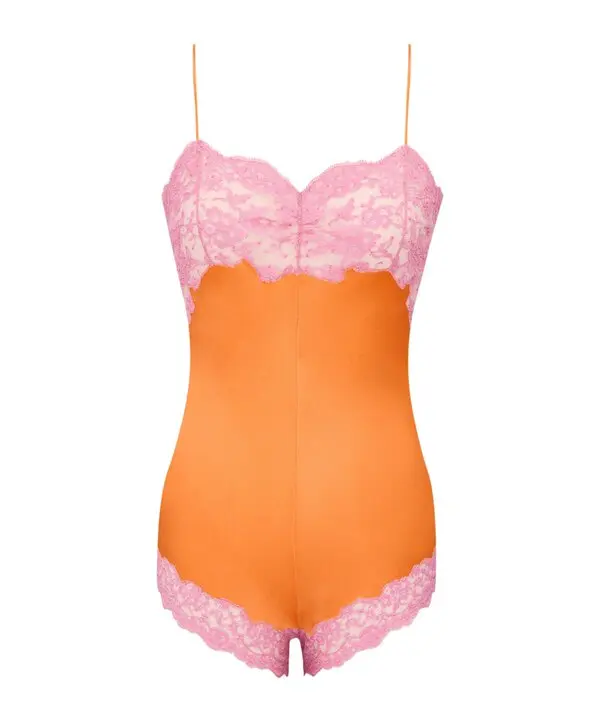 Saint Laurent Sleeveless Jumpsuit With Sweetheart Neckline And Lace Embellishments - Orange