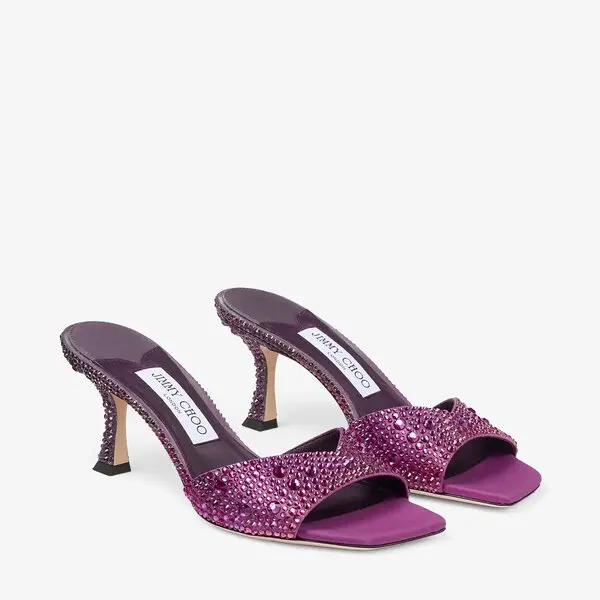 JIMMY CHOO Winter Bloom & Orchid Satin Mules With Degrade Crystal Embellishments - Violet