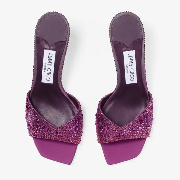 JIMMY CHOO Winter Bloom & Orchid Satin Mules With Degrade Crystal Embellishments - Violet