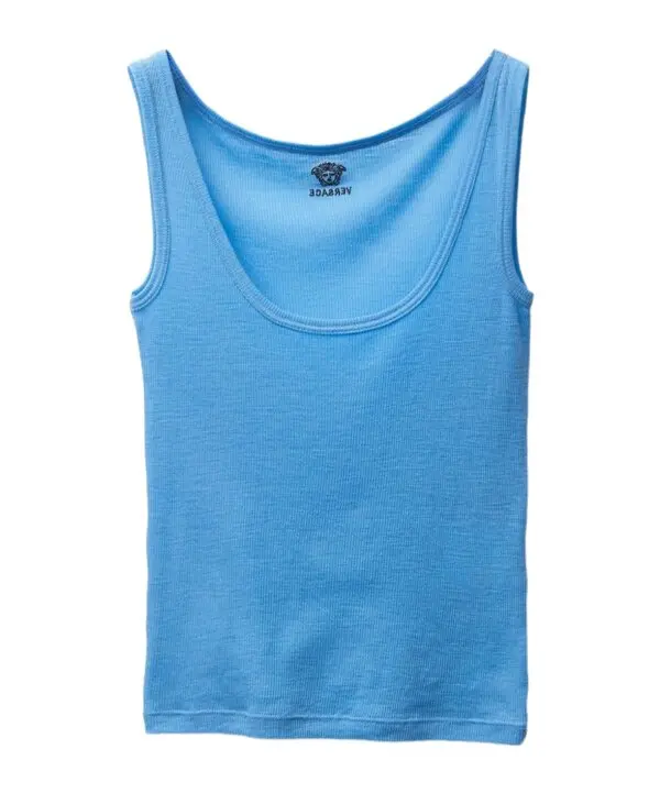Versace Logo Embroidered Ribbed Tank Top - Blue