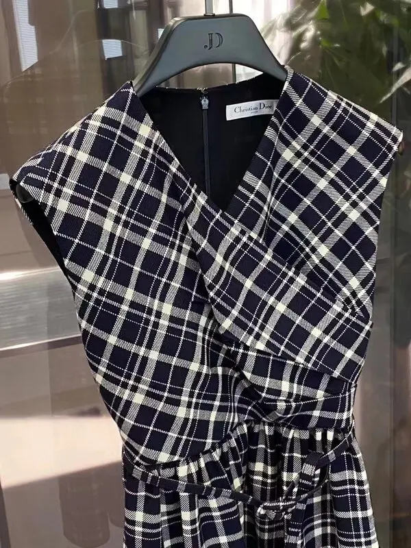Dior Sleeveless V-neck Plaid Dress