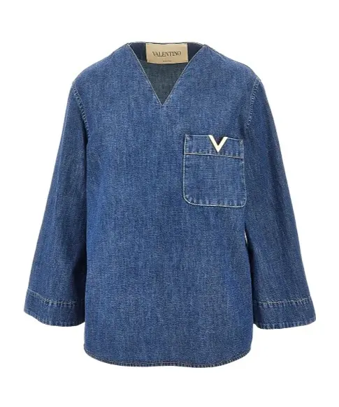 Valentino Garavani Logo Plaque V-neck Denim Blouse - Blue