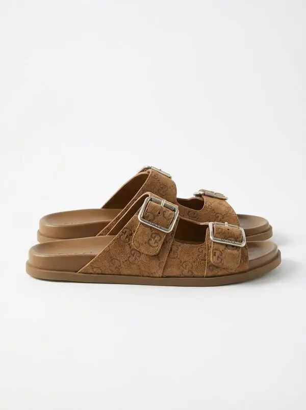 Gucci Gg Monogram Double Buckle Sandals - Brown
