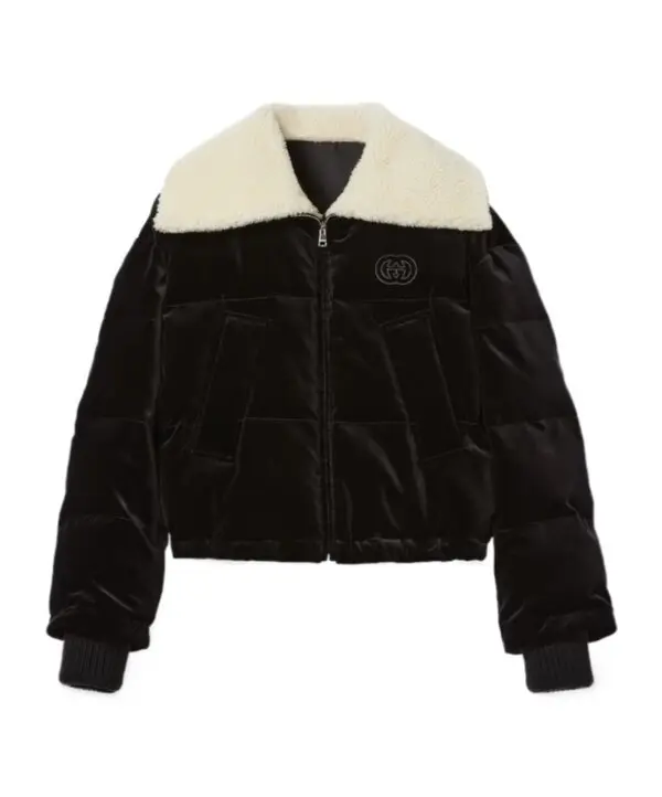 Gucci Velvet Puffer Bomber Jacket With Shearling Collar - Black