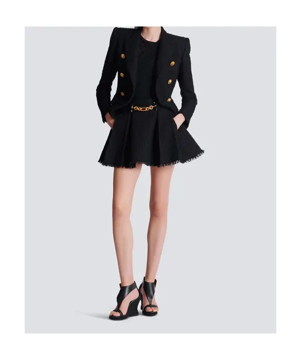 Balmain Pleated Flared Tweed Skirt With Chain Detail - Black