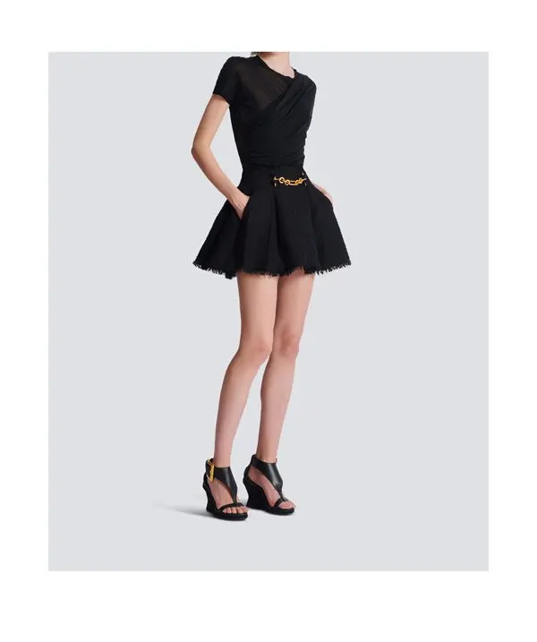 Balmain Pleated Flared Tweed Skirt With Chain Detail - Black