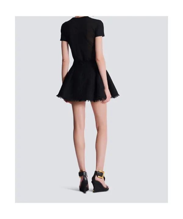 Balmain Pleated Flared Tweed Skirt With Chain Detail - Black