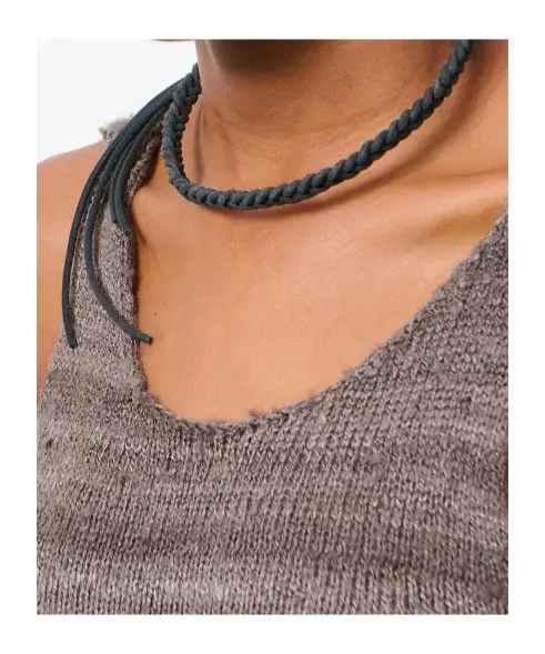 Our Legacy Braided Leather Necklace With Metal Ring And Lobster Clasp - Black