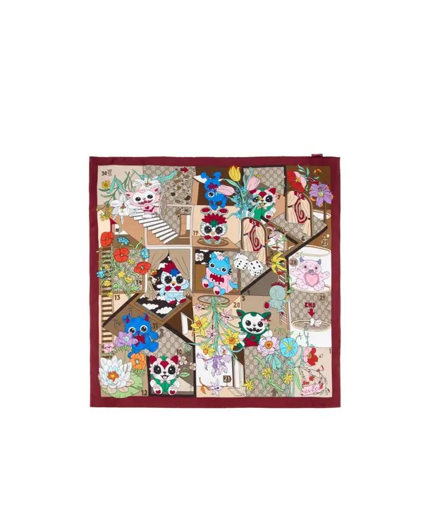 Gucci Silk Twill Scarf With Allover Besties Print - Bordeaux