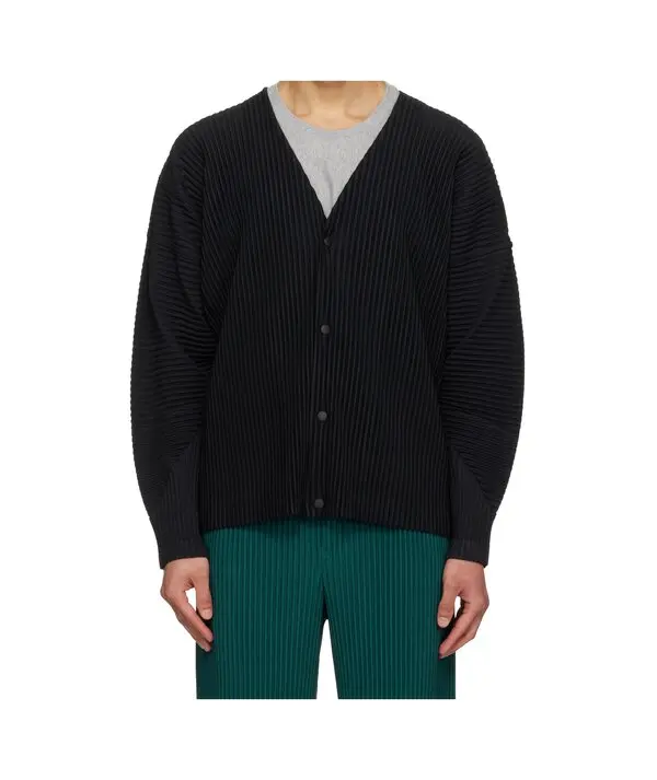 Issey Miyake Homme Plissé Long-sleeved V-neck Cardigan - Black