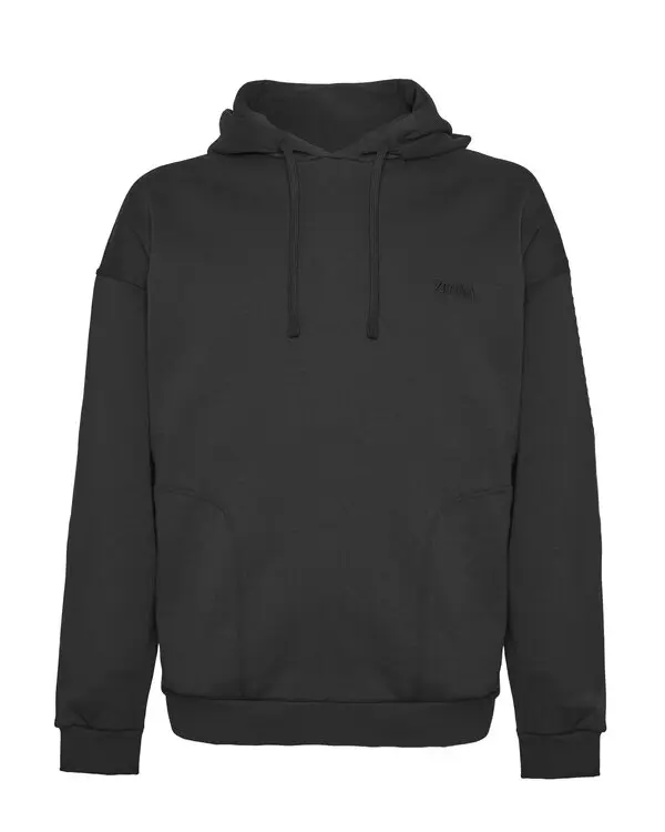 Zegna Drawstring Hoodie With Embroidered Lettering And Paneling - Black
