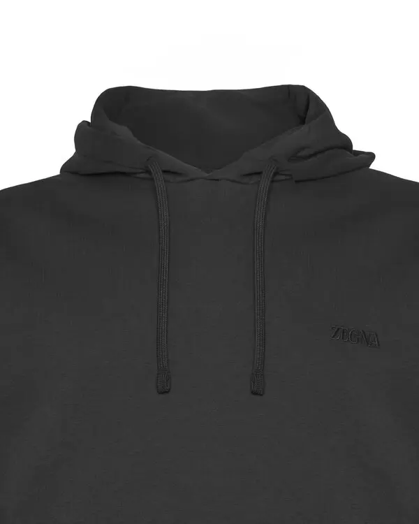 Zegna Drawstring Hoodie With Embroidered Lettering And Paneling - Black