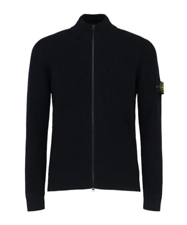 Stone Island Ribbed Wool Zip-up Cardigan With Logo Patch - Black