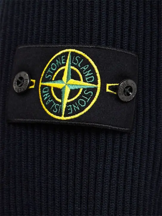 Stone Island Ribbed Wool Zip-up Cardigan With Logo Patch