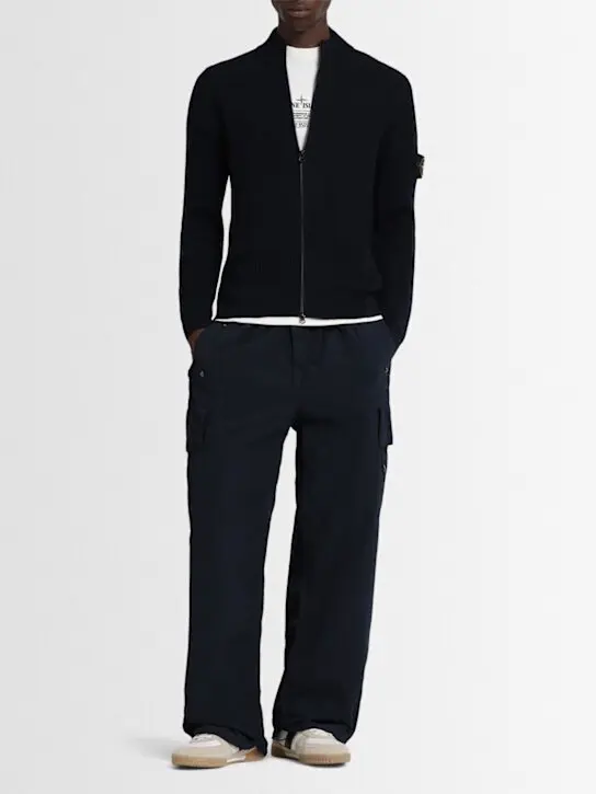 Stone Island Ribbed Wool Zip-up Cardigan With Logo Patch