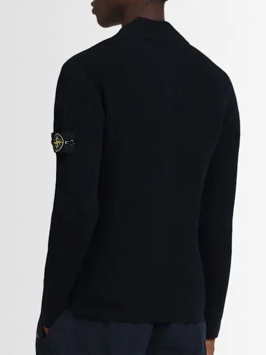 Stone Island Ribbed Wool Zip-up Cardigan With Logo Patch