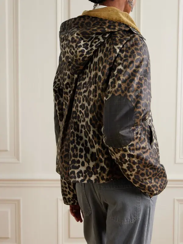 Barbour X Ganni Leopard Print Hooded Jacket With Corduroy Collar - Brown