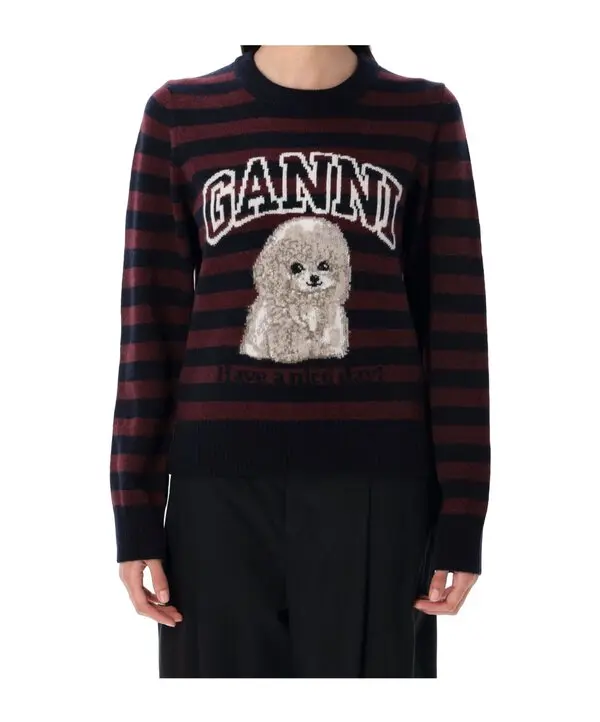GANNI Logo Intarsia Striped Knitted Jumper - Black