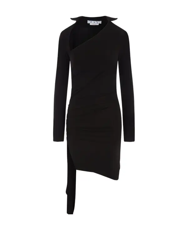 Off-White Asymmetrical Ruched Long-sleeved Mini Dress - Black