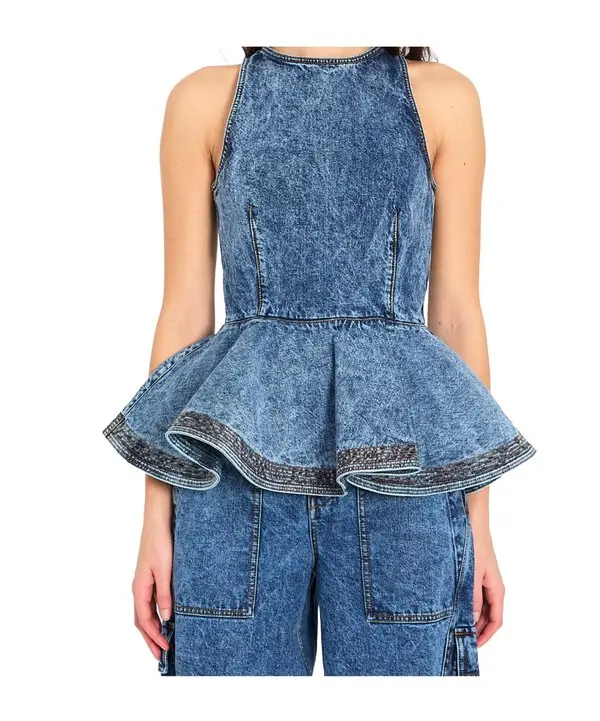 Alaïa Peplum Denim Top - Blue