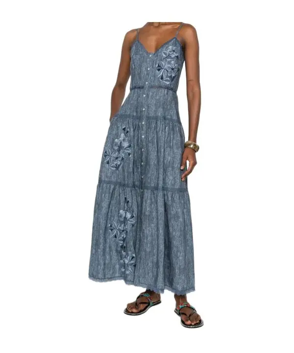 ERMANNO FIRENZE Sleeveless Floral Embroidered Tiered Midi Dress
