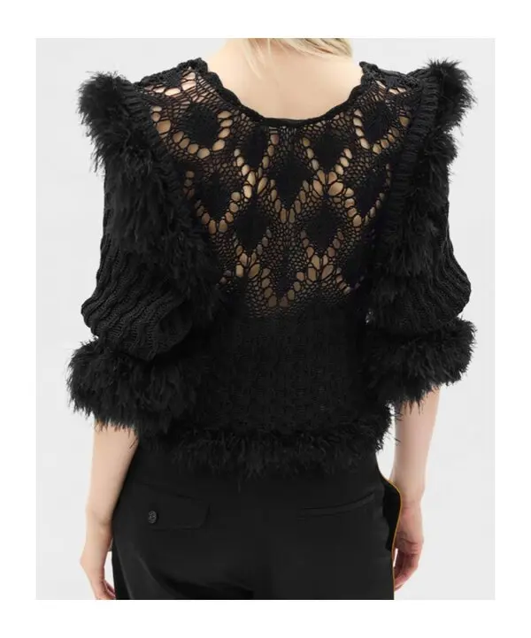 ANN DEMEULEMEESTER Feather-trimmed Scalloped Neck Knit Sweater