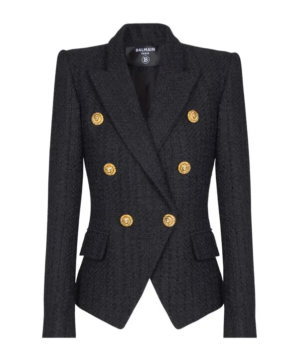 Balmain Double-breasted Tweed Blazer - Black
