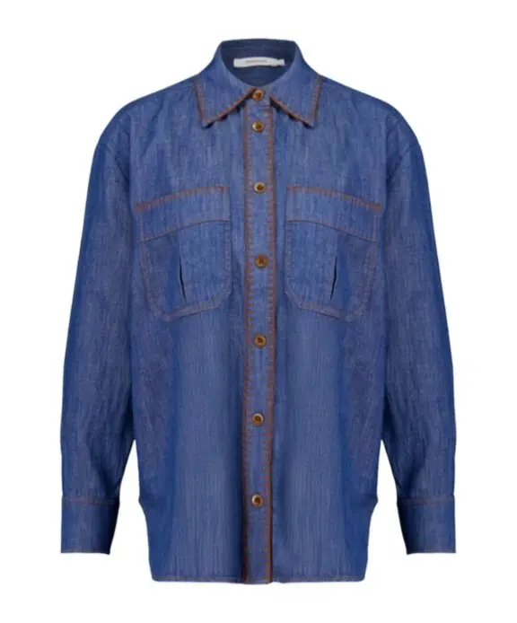 Zimmermann Long Sleeve Denim Shirt With Notched Lapels - Railway Blue