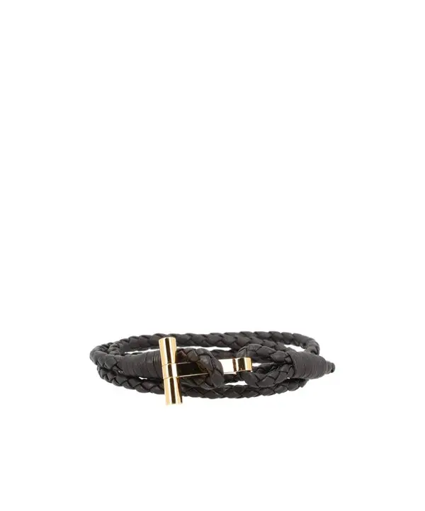 TOM FORD T Plaque Braided Leather Bracelet - Black