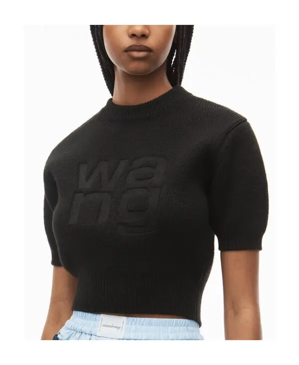 Alexander Wang Logo Embroidered Cropped Knit Top - Black