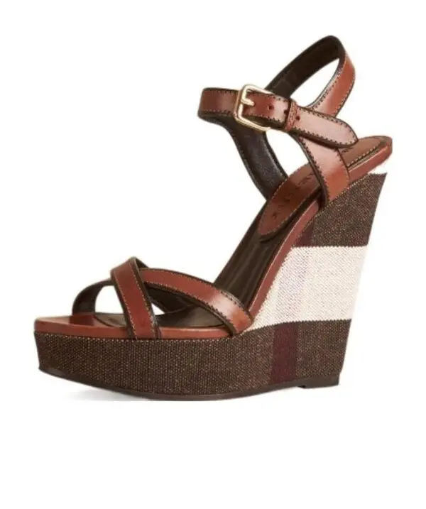 Burberry Check Buckle Wedge Sandals - Brown