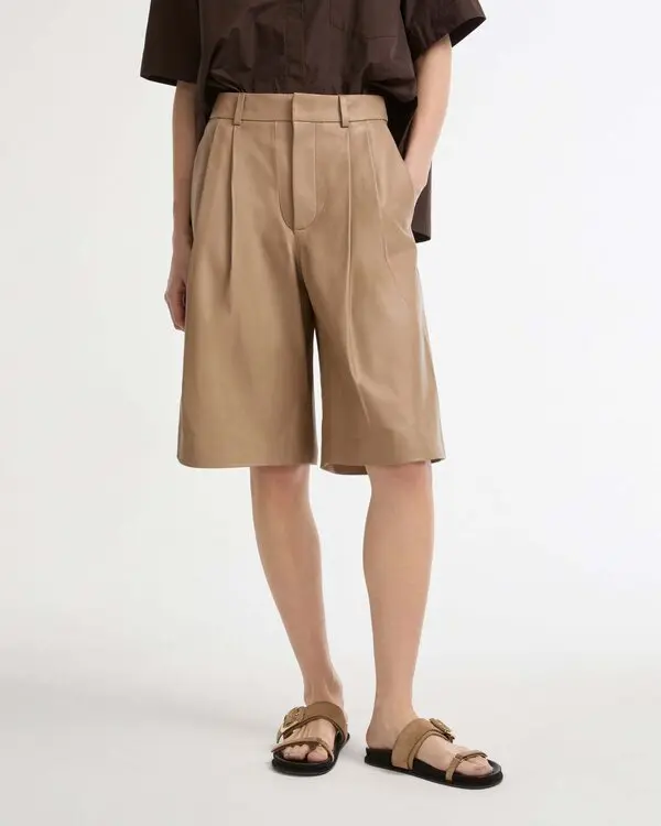 YVES SALOMON Pleated Leather Shorts - Beige