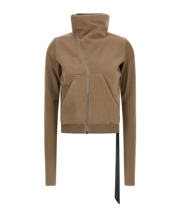 Rick Owens Cropped Sweatshirt With Foldable Turtleneck And Asymmetrical Zipper - Brown