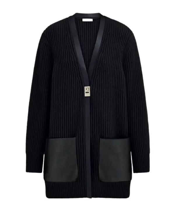 FERRAGAMO Ribbed V-neck Cardigan With Leather Trim And Pockets - Black