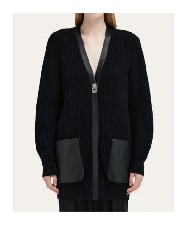 FERRAGAMO Ribbed V-neck Cardigan With Leather Trim And Pockets - Black