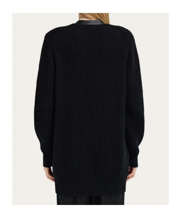 FERRAGAMO Ribbed V-neck Cardigan With Leather Trim And Pockets - Black