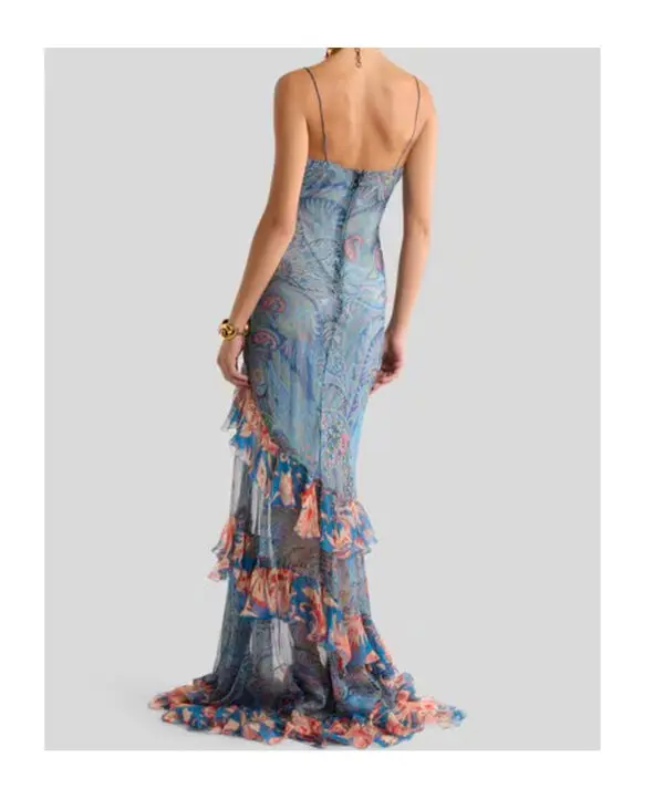 Etro Sleeveless Ruffled Maxi Dress With Floral Print - Blue