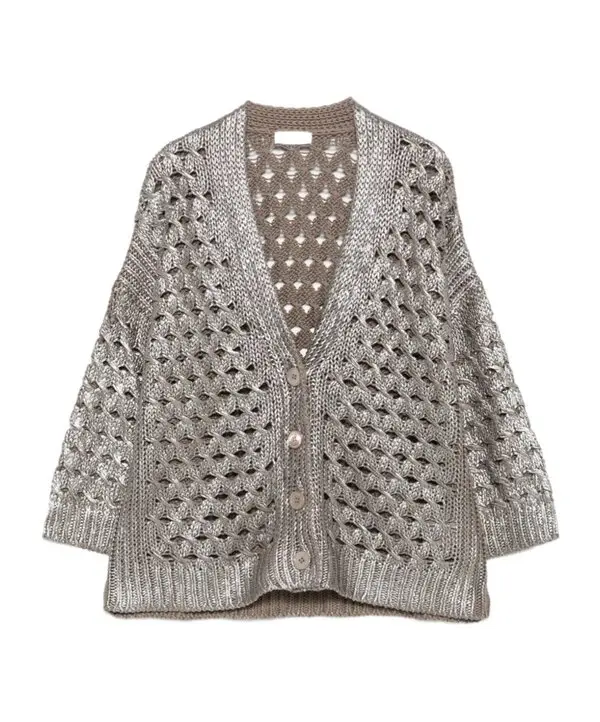 Peserico Crochet Knit Buttoned V-neck Cardigan - Gray