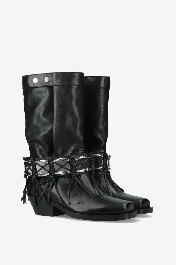 Isabel Marant Étoile Square Toe Block Heel Fringe Trim Boots