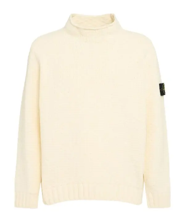 Stone Island Cotton Chenille Crewneck Sweater With Logo Patch - White