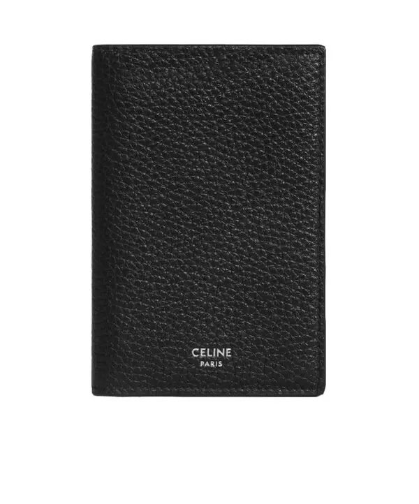 Celine Vertical Card Holder In Grained Calfskin - Black