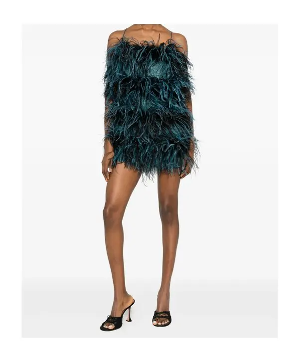 Oseree Feathered Mini Dress - Peacock