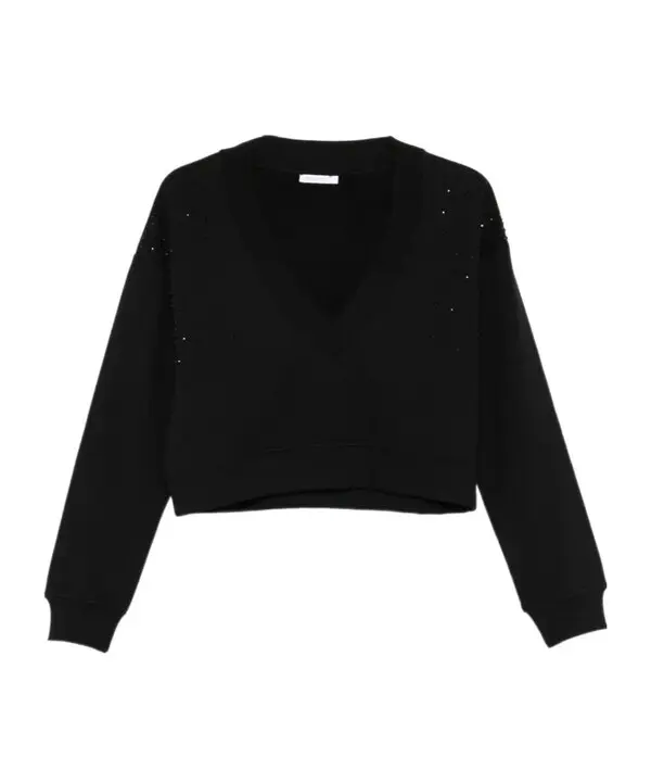 Patrizia Pepe Deep V-neck Rhinestone Embellished Cropped Sweatshirt - Black