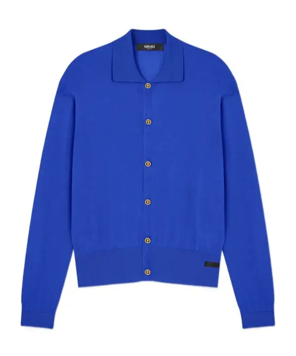 Versace Cotton Silk Blend Collared Cardigan With Medusa Buttons - Blue