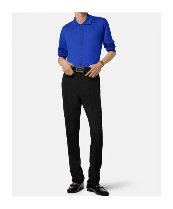 Versace Cotton Silk Blend Collared Cardigan With Medusa Buttons - Blue